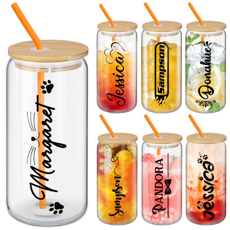 Personalized Glass Cups with Bamboo Lids and Straws 16 oz, Custom Iced ...